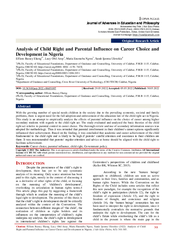 (PDF) Analysis of Child Right and Parental Influence on Career Choice ...