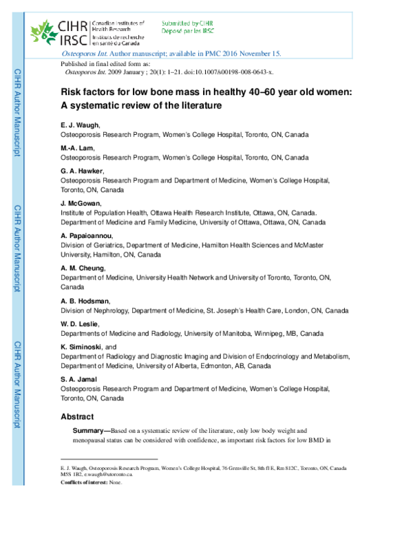 (PDF) Risk factors for low bone mass in healthy 40–60 year old women: A ...