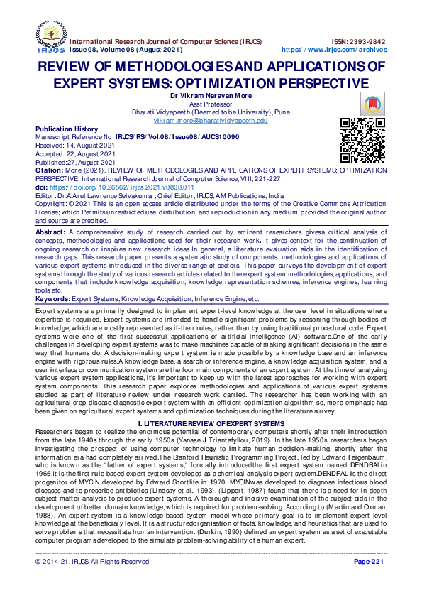 (PDF) REVIEW OF METHODOLOGIES AND APPLICATIONS OF EXPERT SYSTEMS: OPTIMIZATION PERSPECTIVE