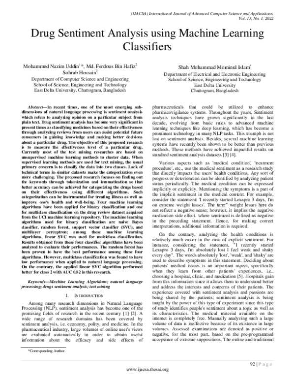 (PDF) Drug Sentiment Analysis using Machine Learning Classifiers (PDF) Drug Sentiment Analysis using Machine Learning Classifiers