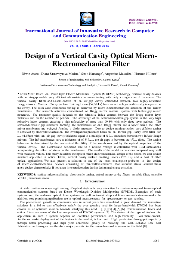 (PDF) Design of a Vertical Cavity Optical Micro-Electromechanical Filter