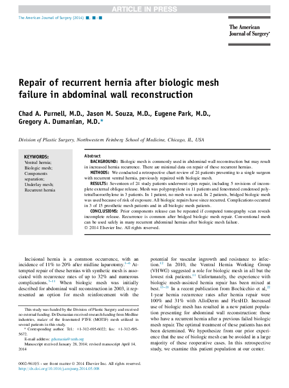 (PDF) Repair of recurrent hernia after biologic mesh failure in abdominal wall reconstruction