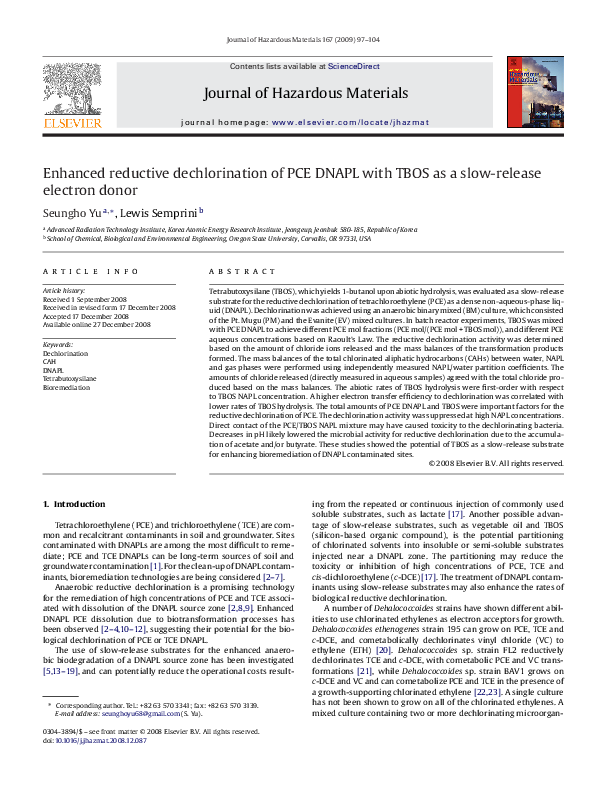 (PDF) Enhanced reductive dechlorination of PCE DNAPL with TBOS as a ...