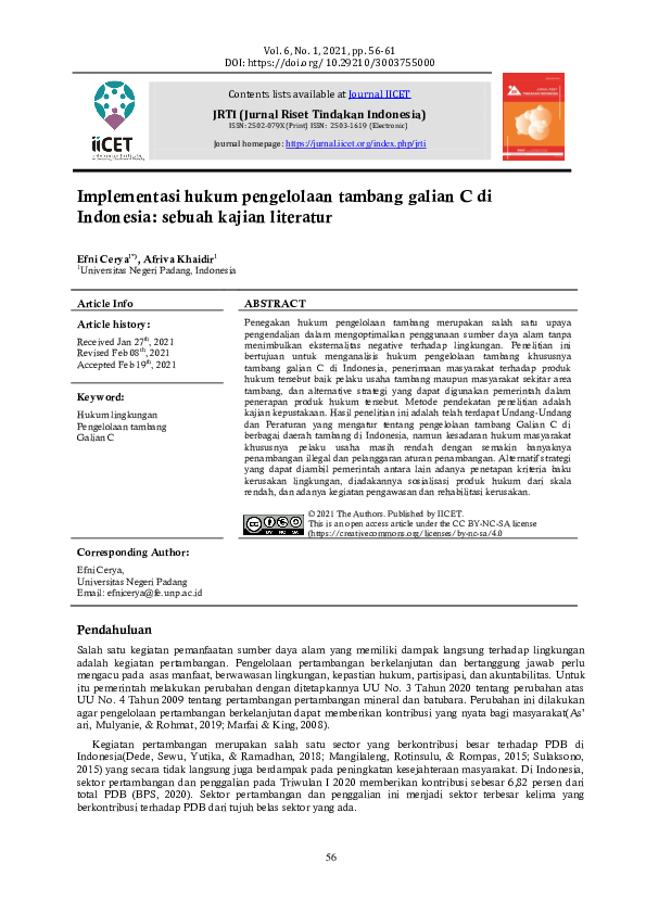 (PDF) Implementasi hukum pengelolaan tambang galian C di Indonesia: sebuah kajian literatur