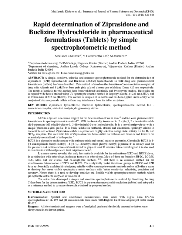 (PDF) Rapid determination of Ziprasidone and Buclizine Hydrochloride in ...