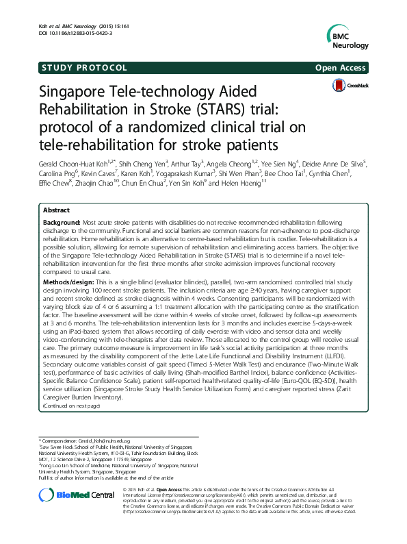 (PDF) Singapore Tele-technology Aided Rehabilitation in Stroke (STARS) trial: protocol of a ...