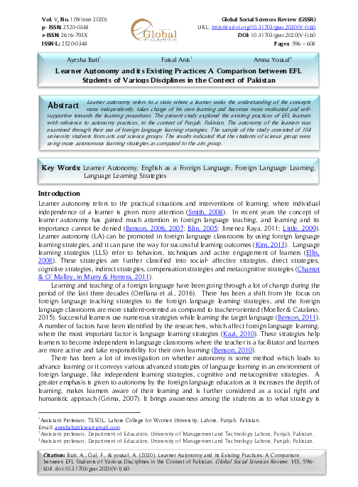 (PDF) Learner Autonomy and its Existing Practices: A Comparison between EFL Students of Various ...