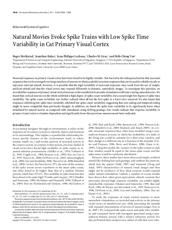 (PDF) Natural Movies Evoke Spike Trains with Low Spike Time Variability in Cat Primary Visual Cortex