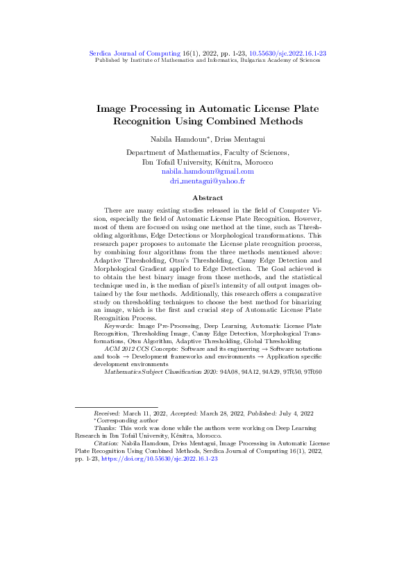(PDF) Image Processing in Automatic License Plate Recognition Using Combined Methods