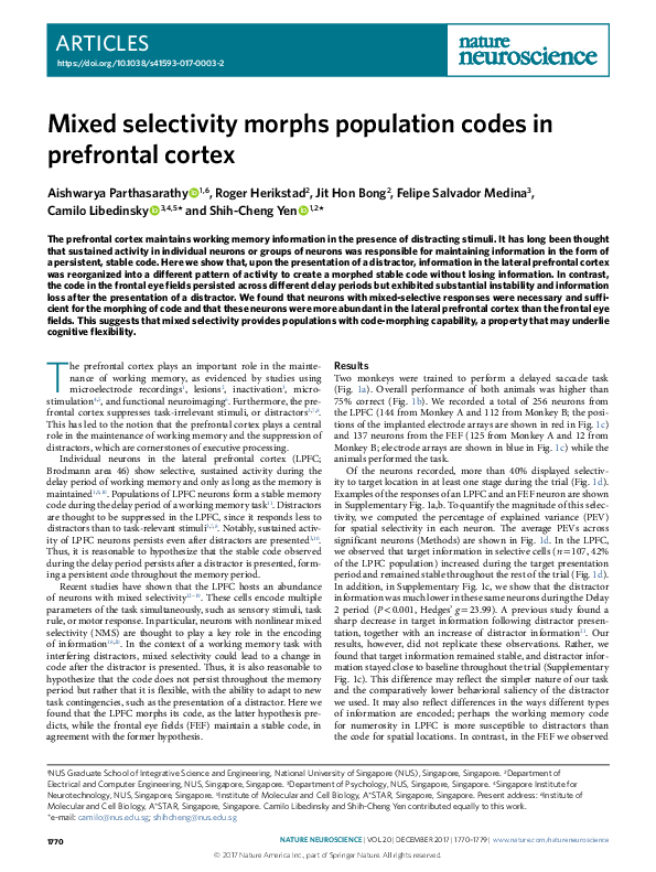 (PDF) Mixed selectivity morphs population codes in prefrontal cortex | Shih-Cheng Yen - Academia.edu