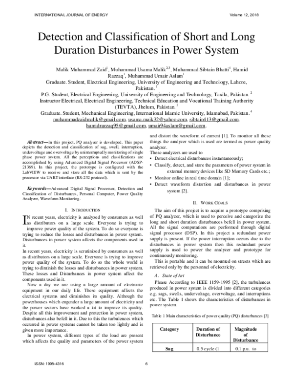 (PDF) Detection and Classification of Short and Long Duration Disturbances in Power System