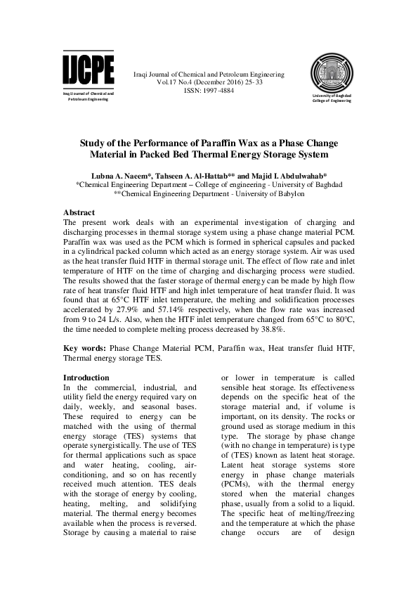 (PDF) Study of the Performance of Paraffin Wax as a Phase Change ...