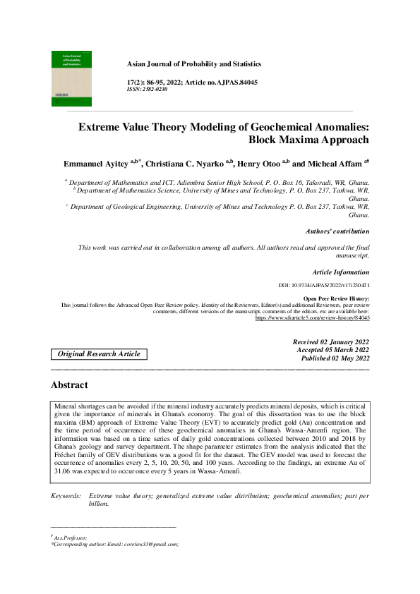 Pdf Extreme Value Theory Modeling Of Geochemical Anomalies Block