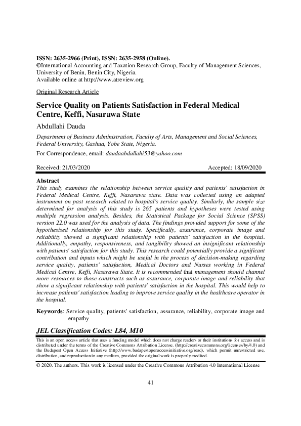 (PDF) Service Quality on Patients Satisfaction in Federal Medical Centre, Keffi, Nasarawa State ...