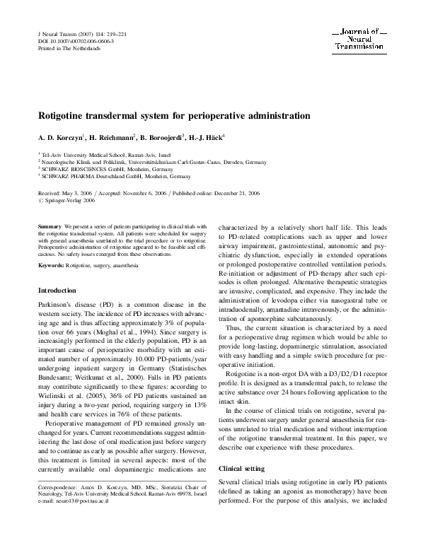 (PDF) Rotigotine transdermal system for perioperative administration