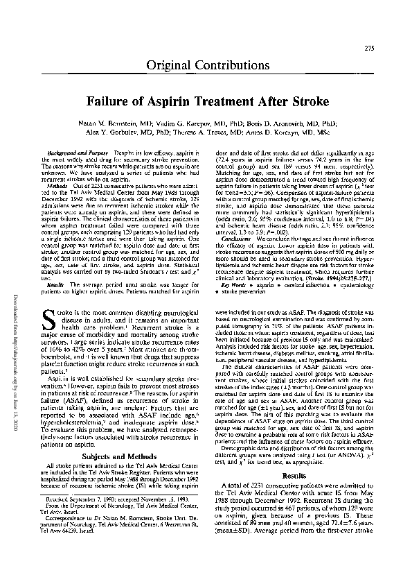 (PDF) Failure of aspirin treatment after stroke