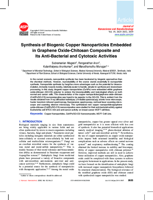 (PDF) Synthesis of Biogenic Copper Nanoparticles Embedded in Graphene Oxide-Chitosan Composite ...
