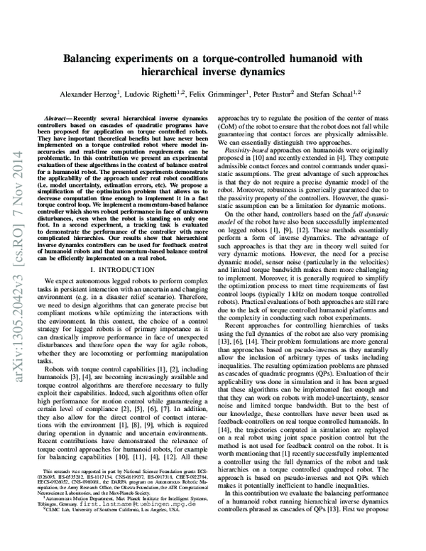 (PDF) Balancing experiments on a torque-controlled humanoid with hierarchical inverse dynamics