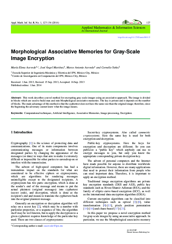 (PDF) Morphological Associative Memories for Gray-Scale Image Encryption