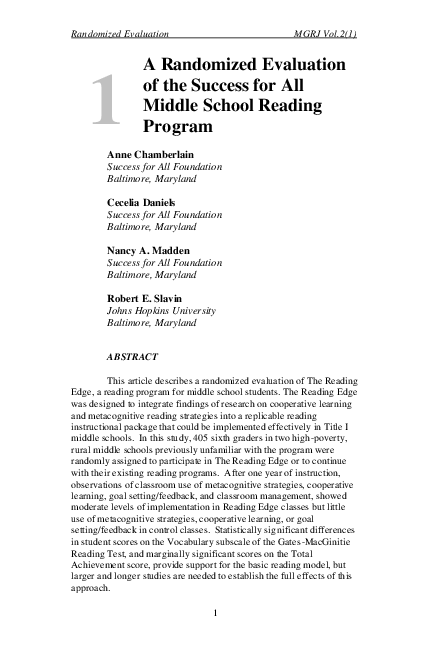 (PDF) A randomized evaluation of the Success for All Middle School ...