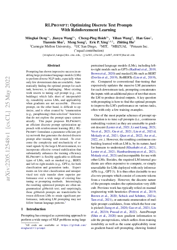 (PDF) RLPrompt: Optimizing Discrete Text Prompts With Reinforcement Learning