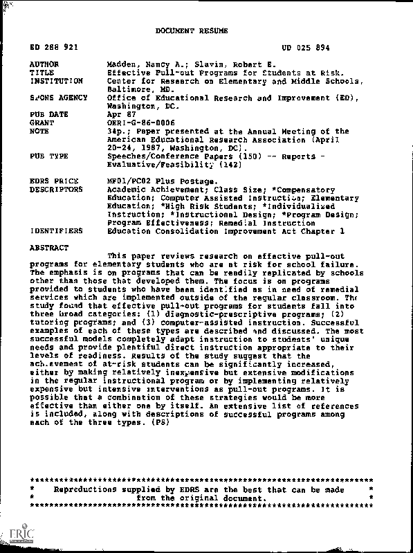 (PDF) Effective Pull-out Programs for Students at Risk