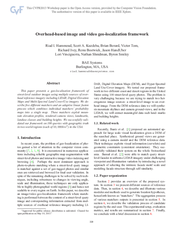 Pdf Overhead Based Image And Video Geo Localization Framework Riad Hammoud