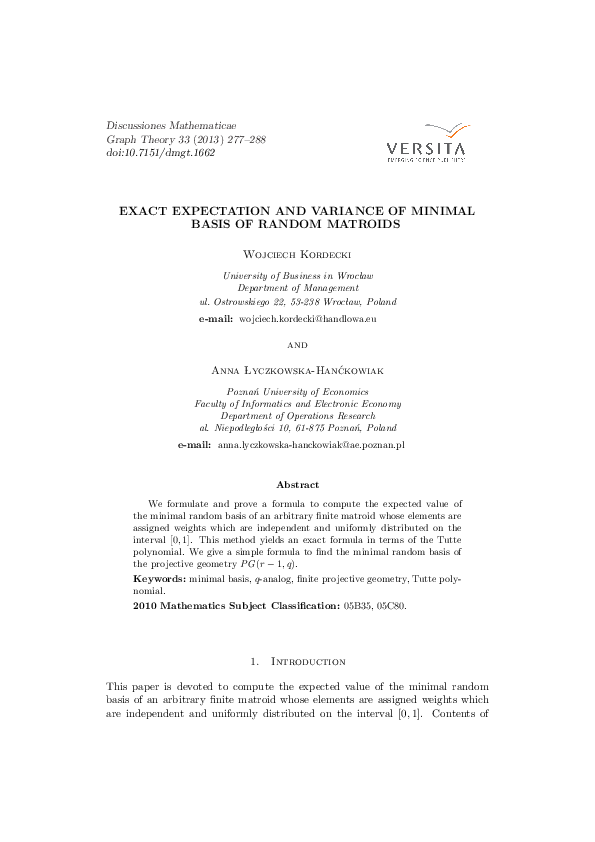 (PDF) Expectation and Variance in Random Matroids