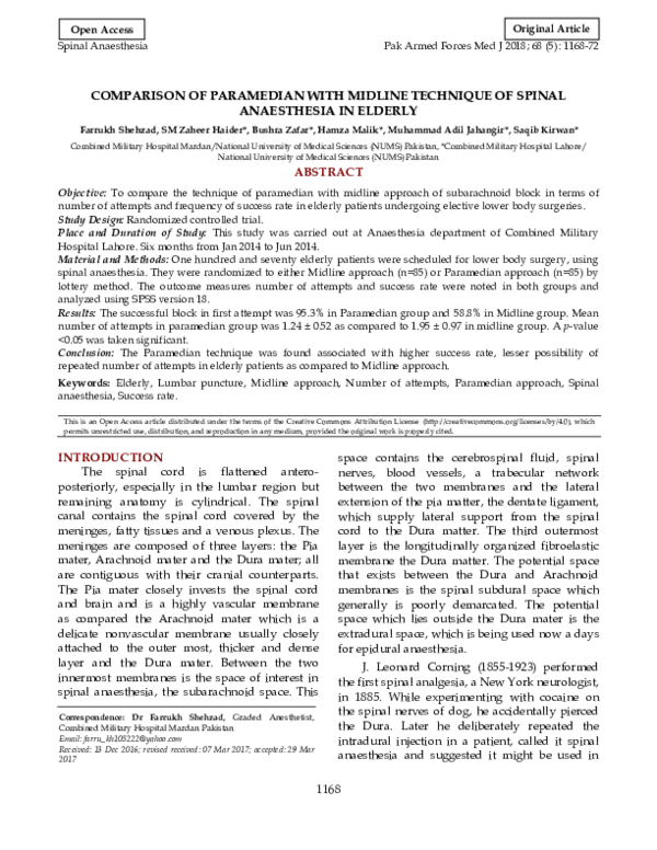 (PDF) Comparison of Paramedian with Midline Technique of Spinal ...
