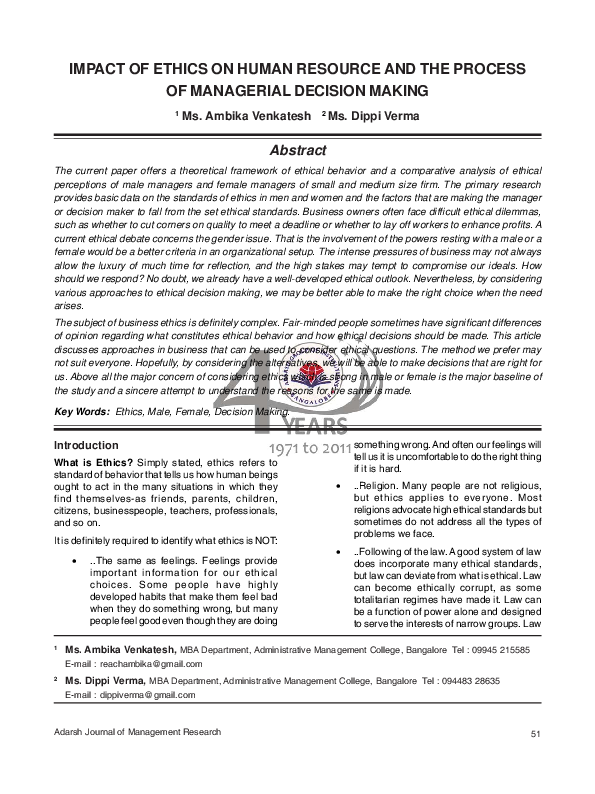 (PDF) Impact of Ethics on Human Resource and the Process of Managerial ...