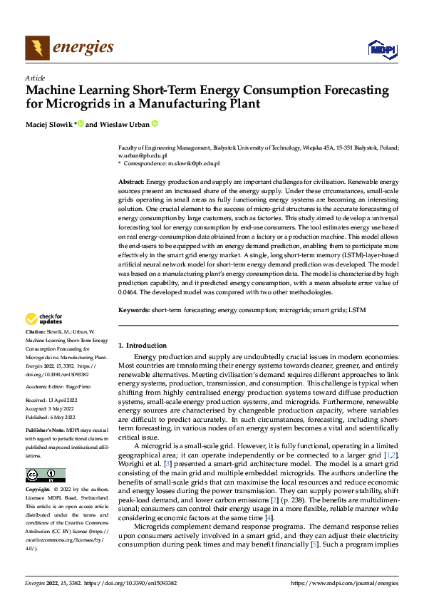 Pdf Machine Learning Short Term Energy Consumption Forecasting For Microgrids In A