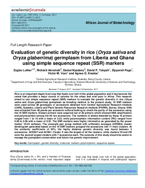 (PDF) Evaluation of genetic diversity in rice (Oryza sativa and Oryza glaberrima) germplasm from ...