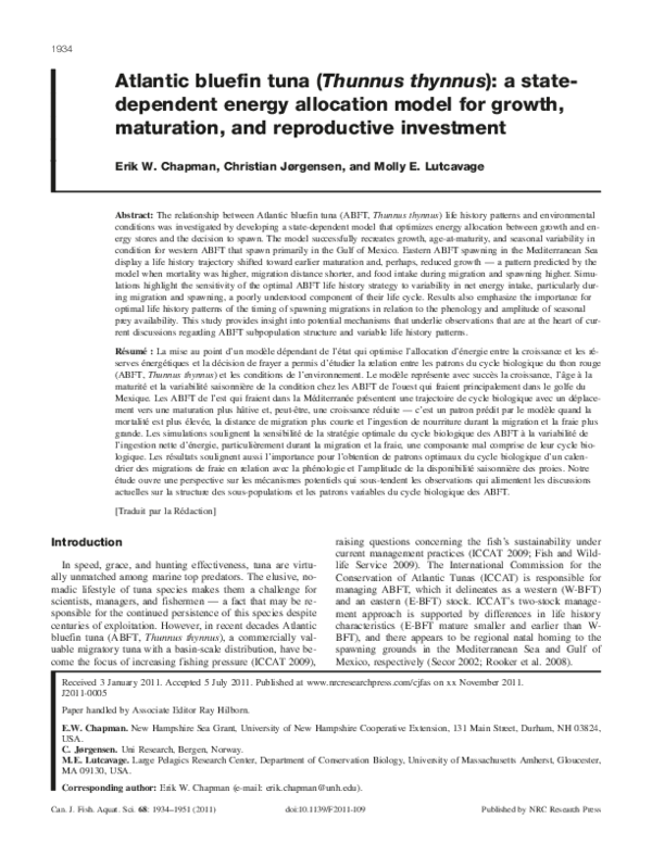 (PDF) Atlantic bluefin tuna (Thunnus thynnus): a state-dependent energy ...