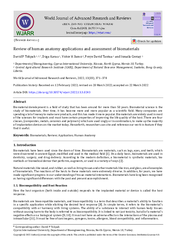 Pdf Review Of Human Anatomy Applications And Assessment Of Biomaterials