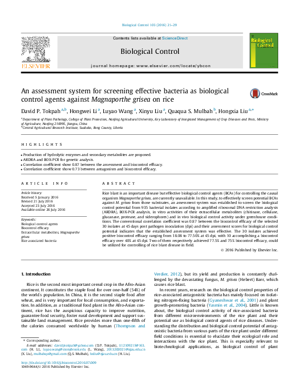 (PDF) An assessment system for screening effective bacteria as biological control agents against ...
