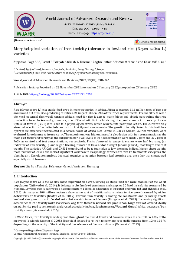 (PDF) Morphological variation of iron toxicity tolerance in lowland ...