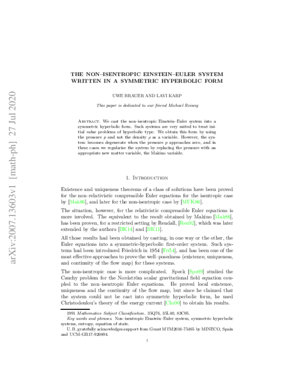 Pdf The Non Isentropic Einstein Euler System Written In A Symmetric Hyperbolic Form