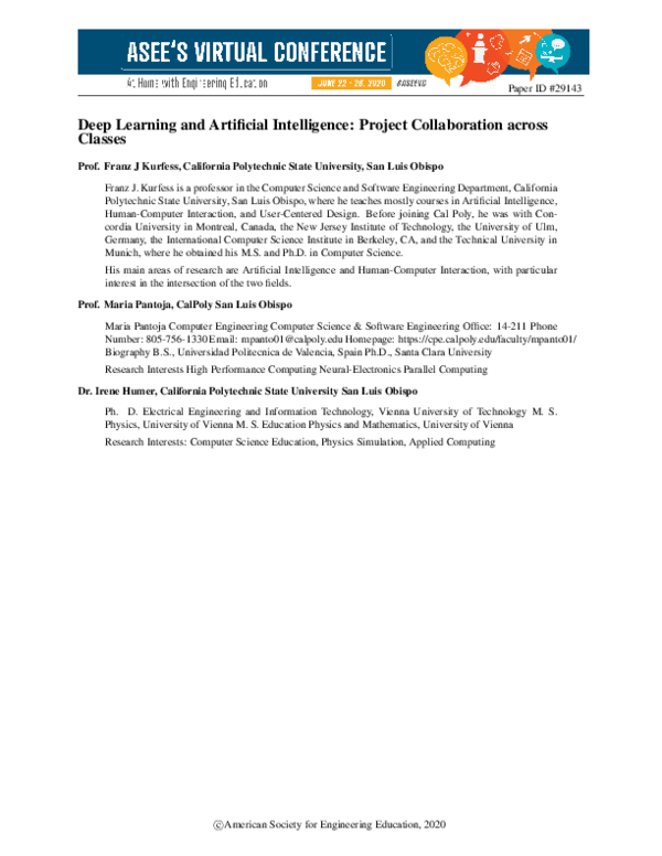 (PDF) Deep Learning and Artificial Intelligence: Project Collaboration Across Classes