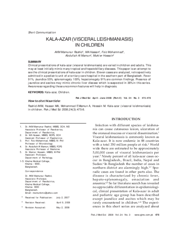 (PDF) Kala-azar (visceral leishmaniasis) in children | Mukter Hossain - Academia.edu