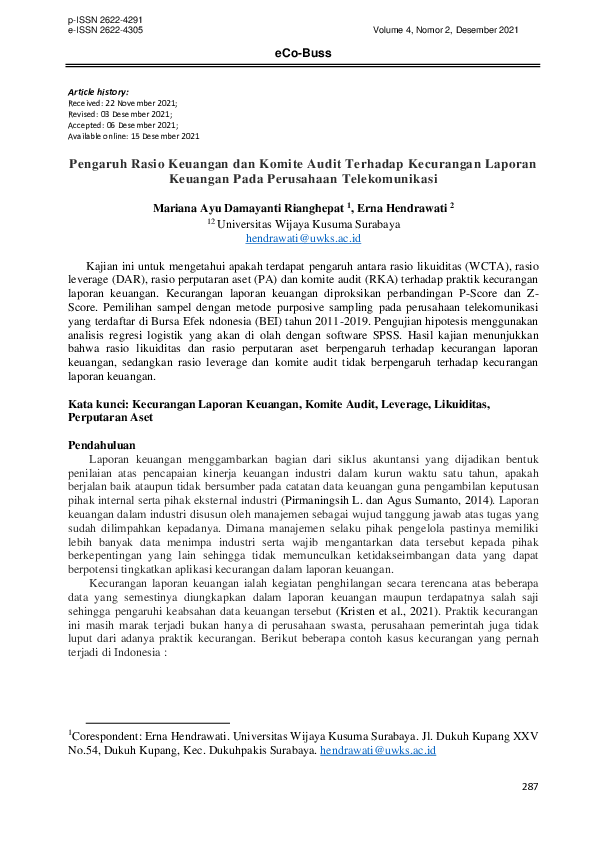 (PDF) Pengaruh Rasio Keuangan dan Komite Audit Terhadap Kecurangan ...