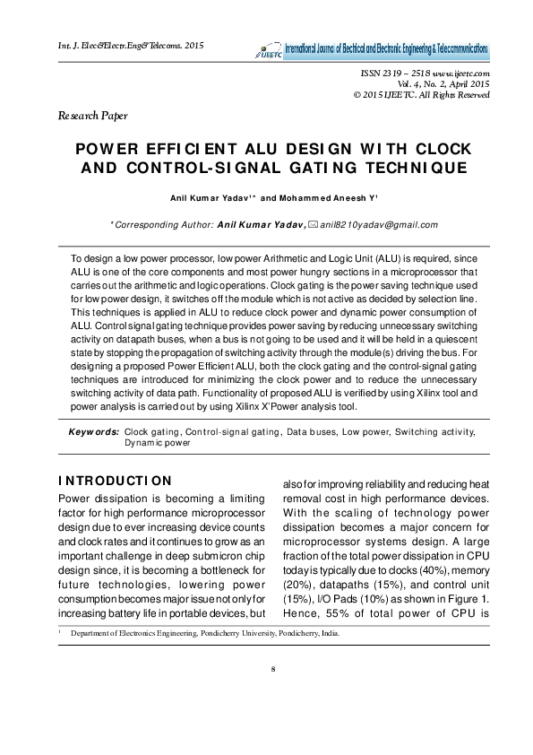 Pdf Power Efficient Alu Design With Clock And Control Signal Gating Technique
