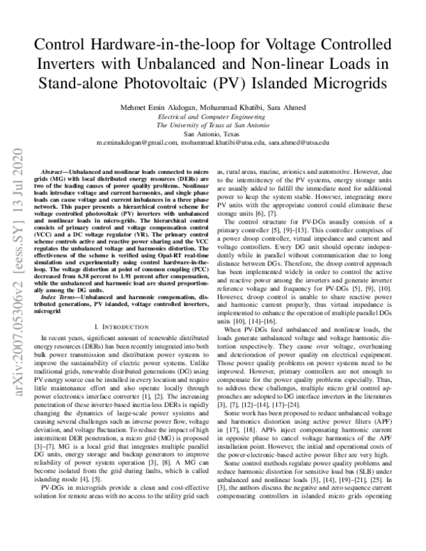 (PDF) Control Hardware-in-the-loop for Voltage Controlled Inverters with Unbalanced and Non ...