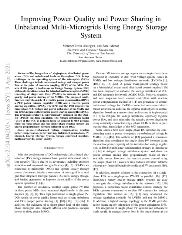 (PDF) Improving Power Quality and Power Sharing in Unbalanced Multi-Microgrids Using Energy ...