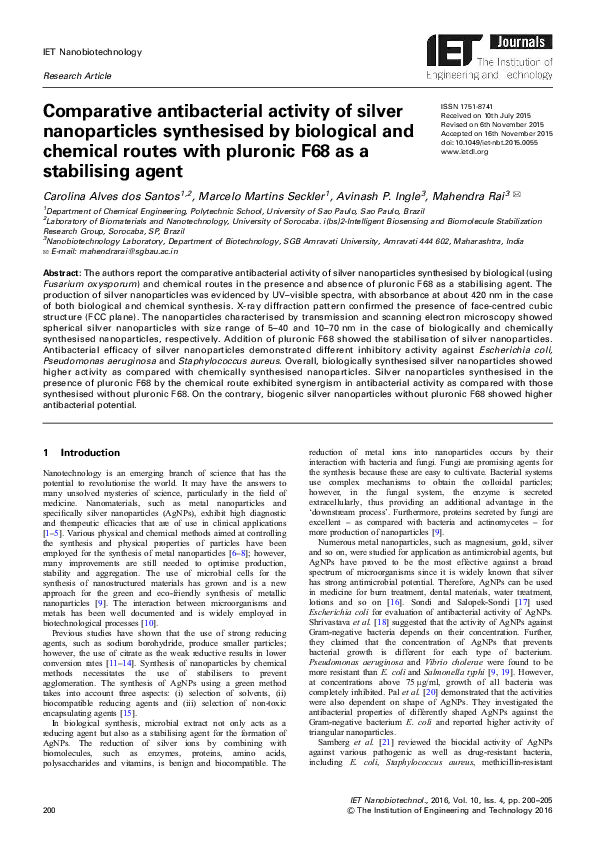 (PDF) Comparative antibacterial activity of silver nanoparticles synthesised by biological and ...