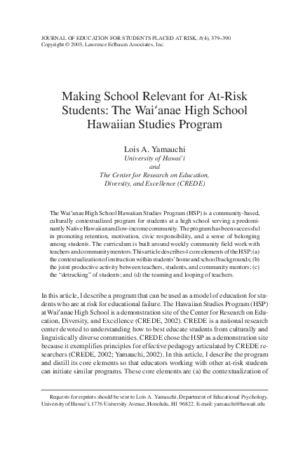 (PDF) Making School Relevant for At-Risk Students: The Wai'anae High ...