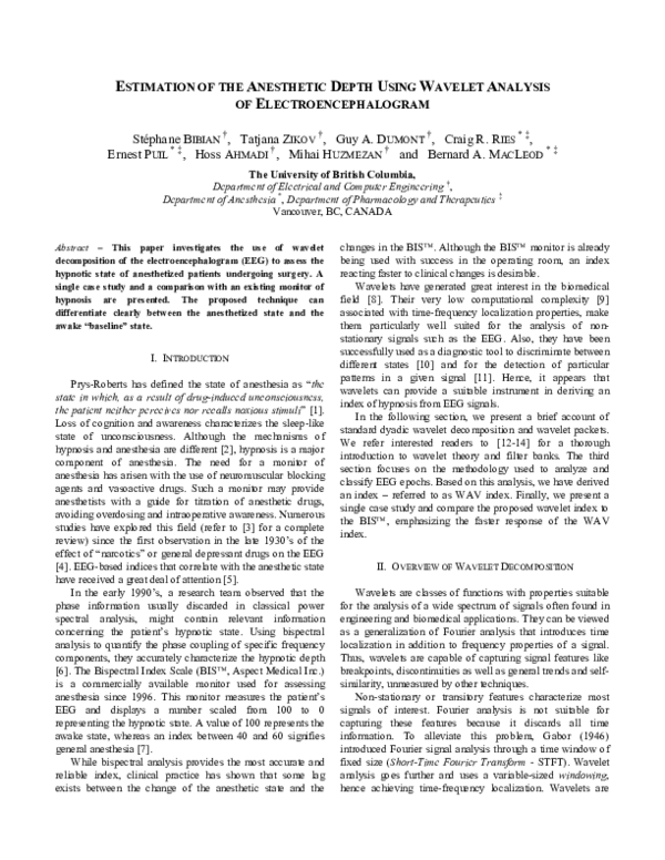 (PDF) Estimation of the anesthetic depth using wavelet analysis of ...