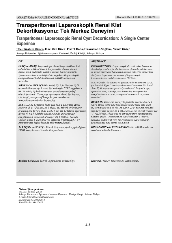 (PDF) Tranperitoneal Laparoscopic Renal Cyst Decortication: A Single ...