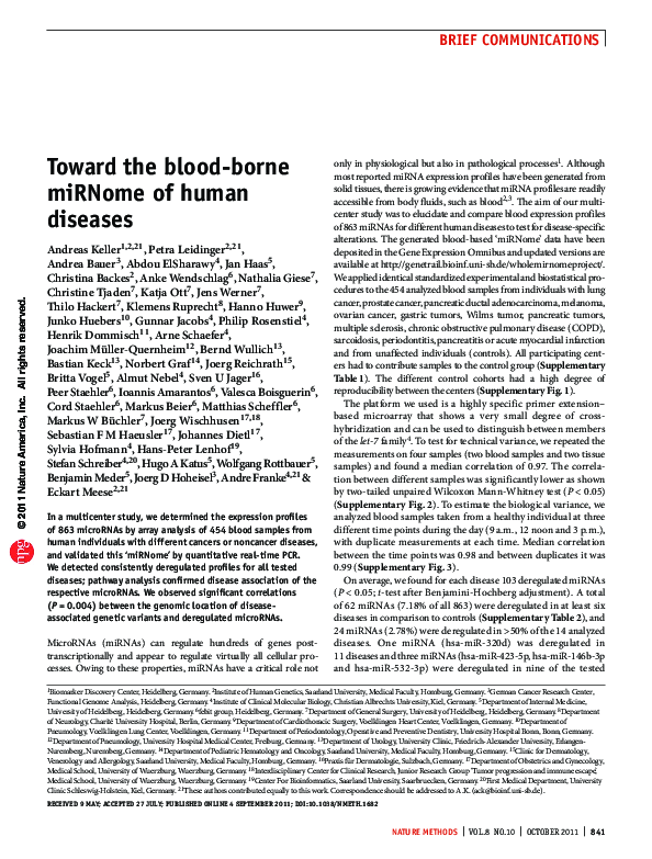 (PDF) Toward the blood-borne miRNome of human diseases
