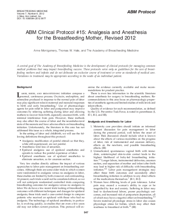 (PDF) ABM Clinical Protocol #15: Analgesia and Anesthesia for the ...