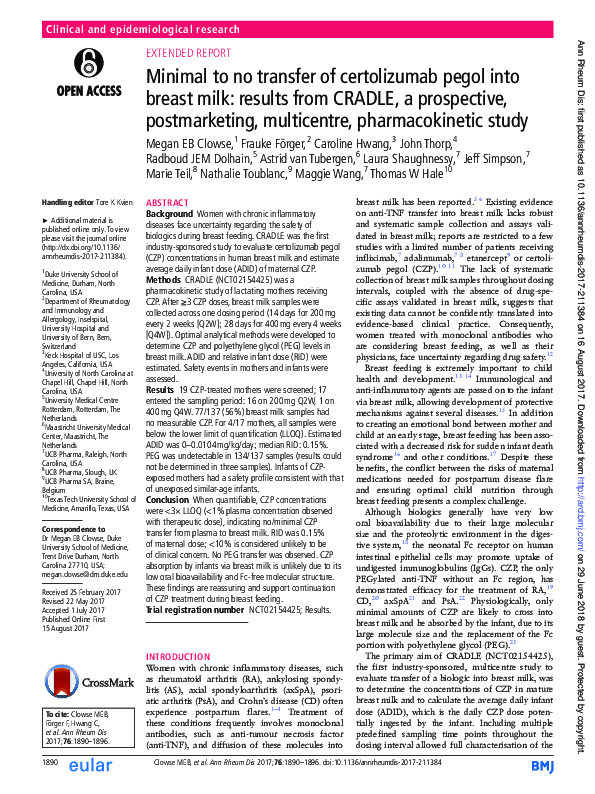 (PDF) Minimal to no transfer of certolizumab pegol into breast milk: results from CRADLE, a ...